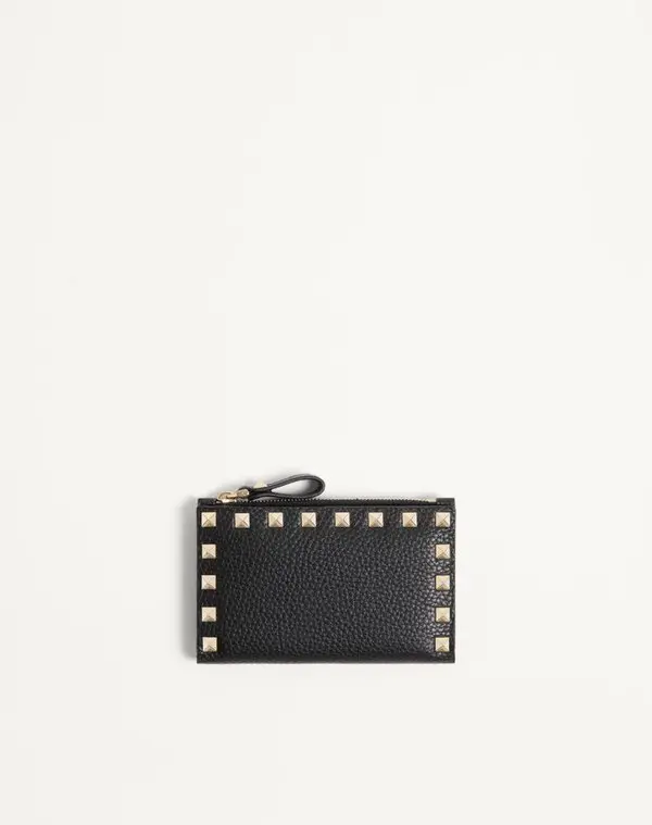 Valentino Garavani Rockstud Grainy Calfskin Cardholder With Zip - Black