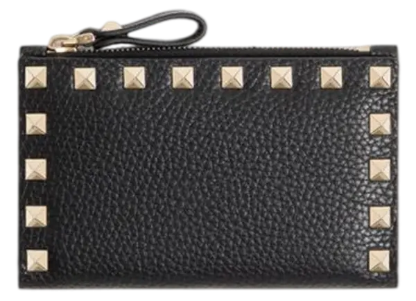 Valentino Garavani Rockstud Grainy Calfskin Cardholder With Zip - Black