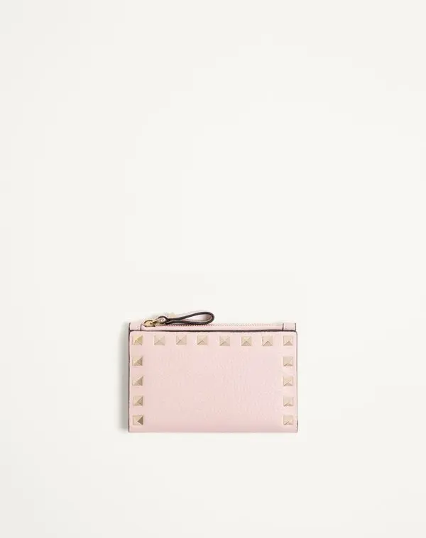 Valentino Garavani Rockstud Grainy Calfskin Cardholder With Zip - Pink