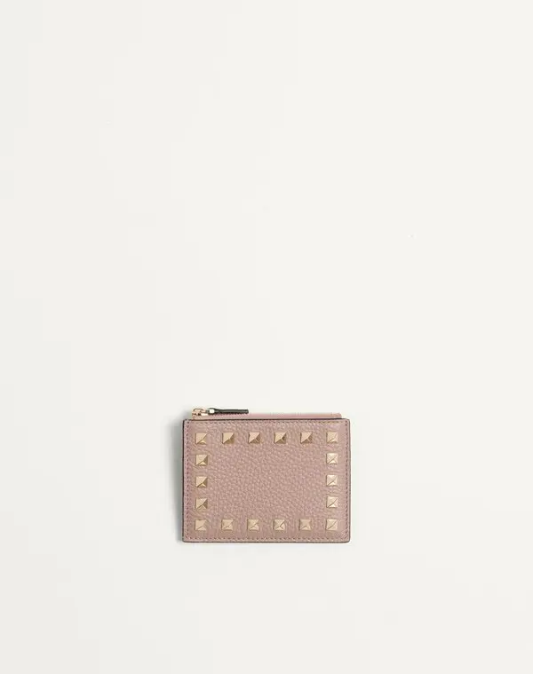 Valentino Garavani Rockstud Grainy Calfskin Cardholder With Zip - Poudre
