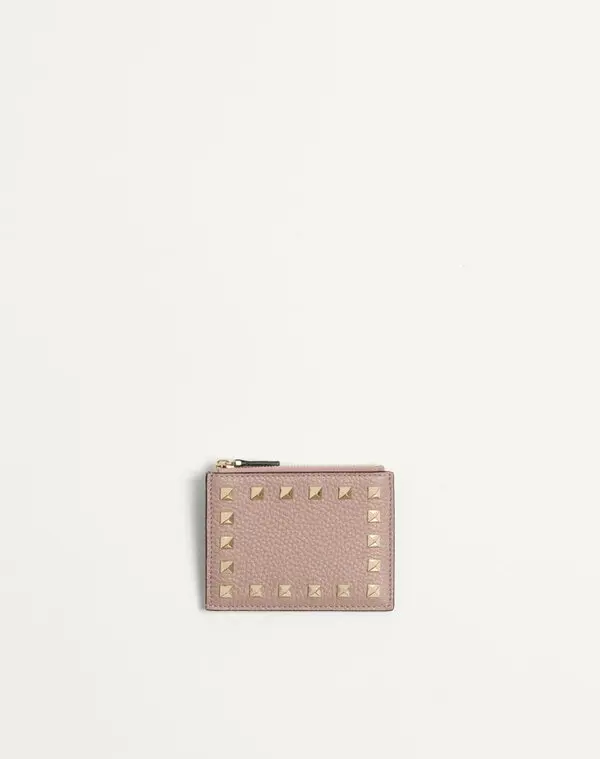 Valentino Garavani Rockstud Grainy Calfskin Cardholder With Zip - Poudre