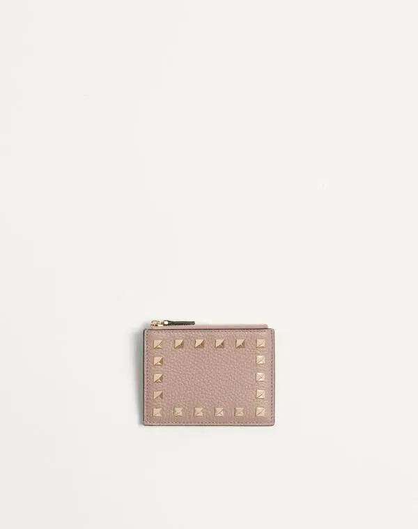 Valentino Garavani Rockstud Grainy Calfskin Cardholder With Zip - Poudre