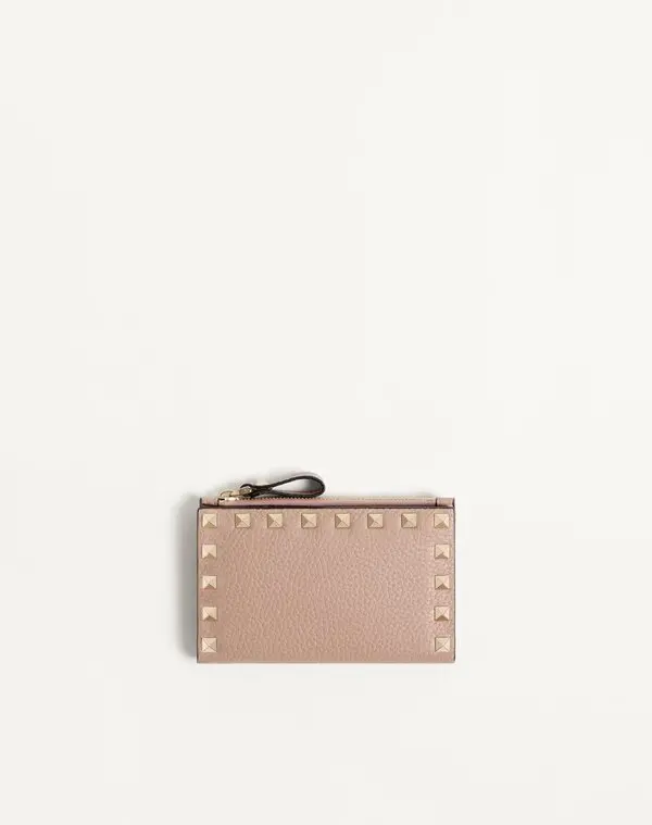 Valentino Garavani Rockstud Grainy Calfskin Cardholder With Zip - Poudre