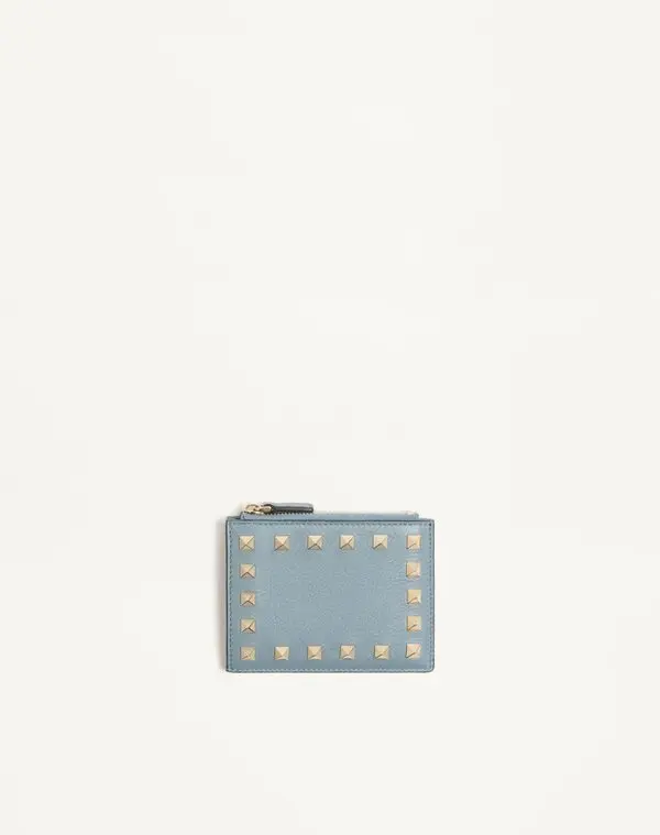 Valentino Garavani Rockstud Grainy Calfskin Cardholder With Zip - Stone