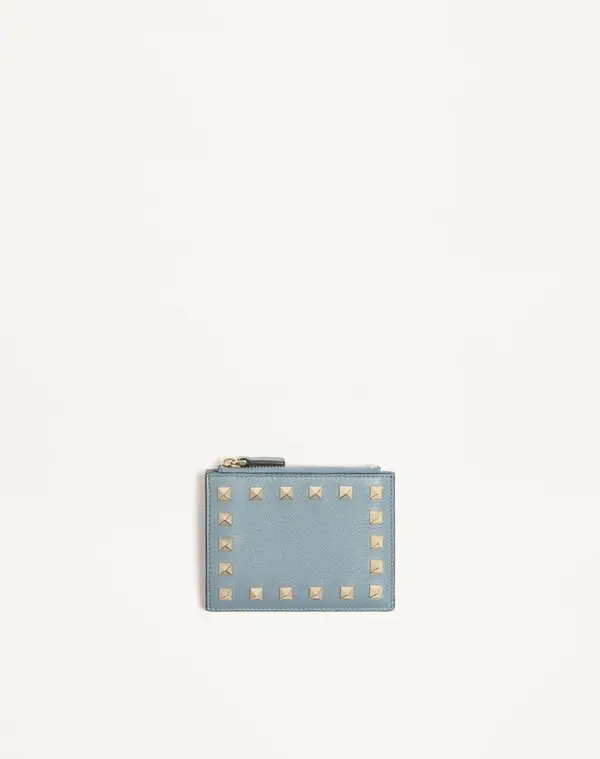Valentino Garavani Rockstud Grainy Calfskin Cardholder With Zip - Stone