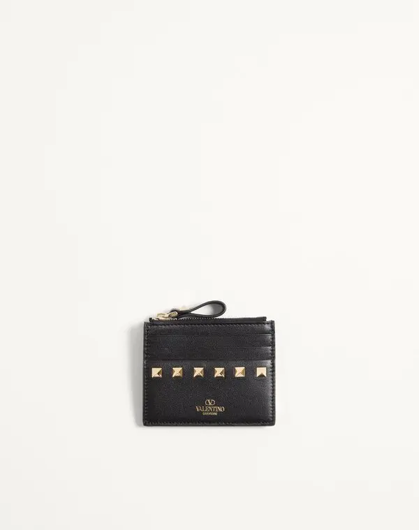 Valentino Garavani Rockstud Calfskin Cardholder With Zip - Black