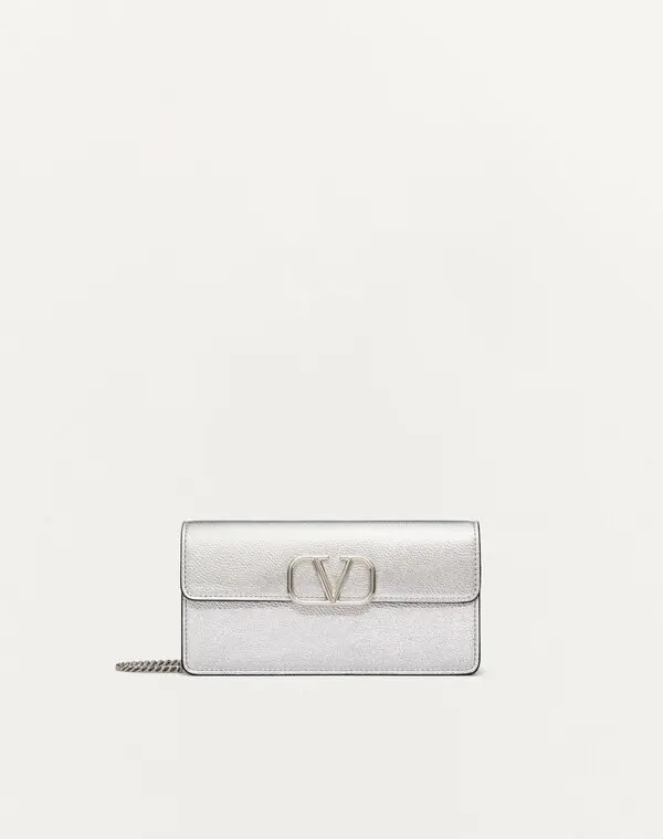 Valentino Garavani Vlogo Signature Metallic Grainy Calfskin Wallet With Chain - Silver