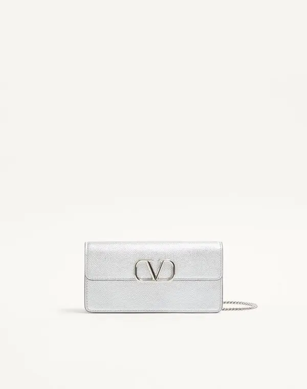 Valentino Garavani Vlogo Signature Metallic Grainy Calfskin Wallet With Chain - Silver