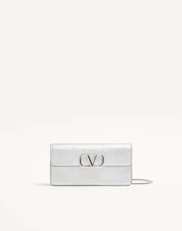 Valentino Garavani Vlogo Signature Metallic Grainy Calfskin Wallet With Chain - Silver