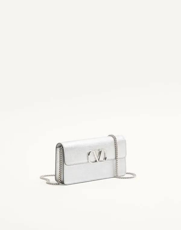 Valentino Garavani Vlogo Signature Metallic Grainy Calfskin Wallet With Chain - Silver