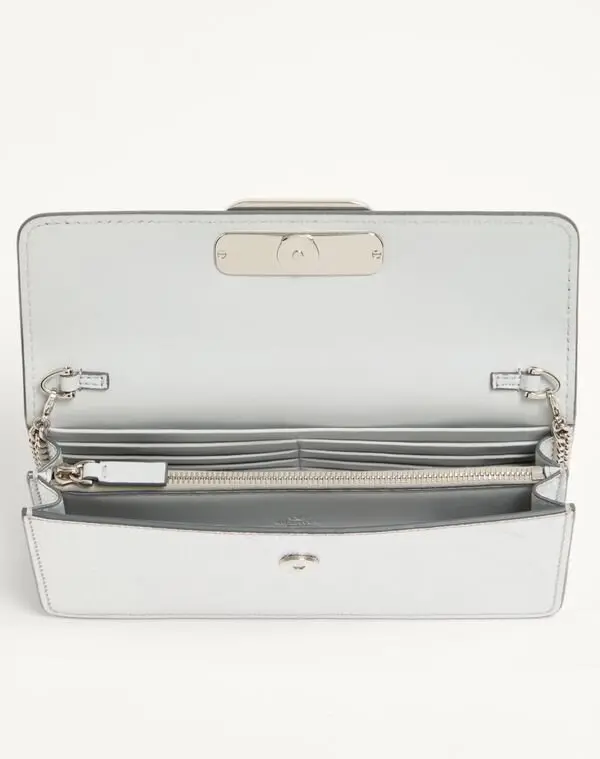 Valentino Garavani Vlogo Signature Metallic Grainy Calfskin Wallet With Chain - Silver