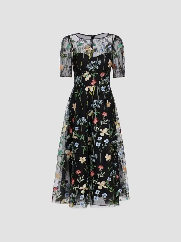 Rickie Freeman For Teri Jon Floral-embroidered Illusion Midi-dress