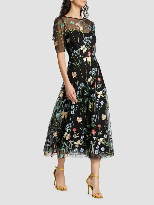Rickie Freeman For Teri Jon Floral-embroidered Illusion Midi-dress