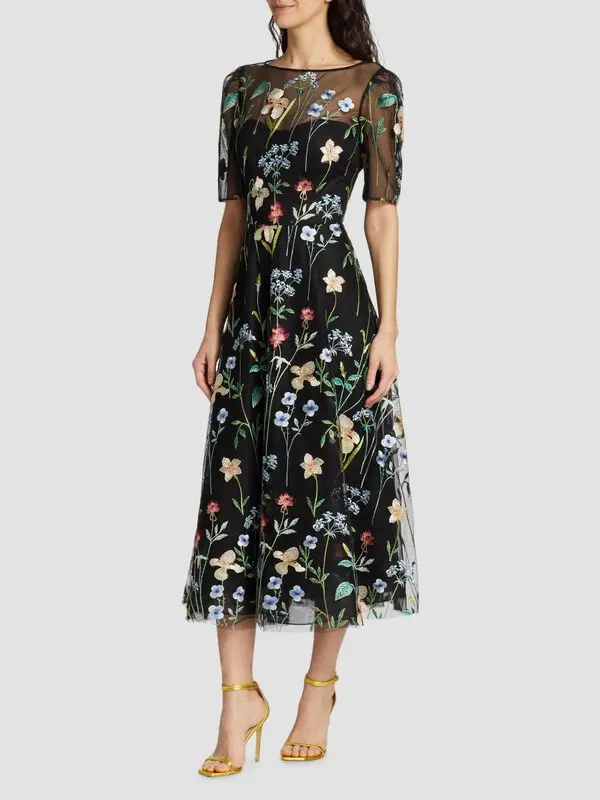 Rickie Freeman For Teri Jon Floral-embroidered Illusion Midi-dress