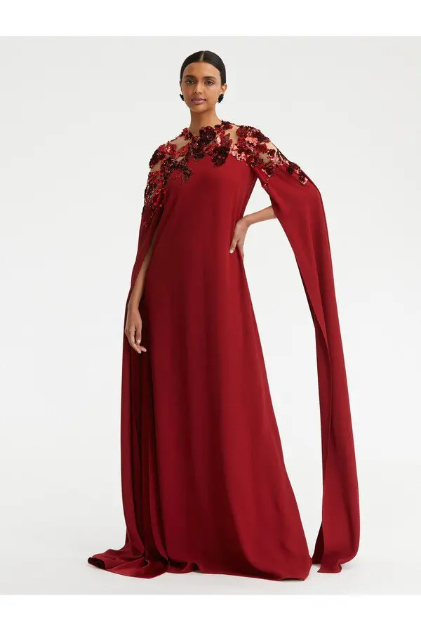 Oscar De La Renta Illusion Neck Sequin Embroidered Caftan