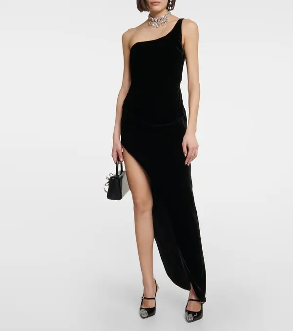 Alessandra Rich One-shoulder Velvet Maxi Dress