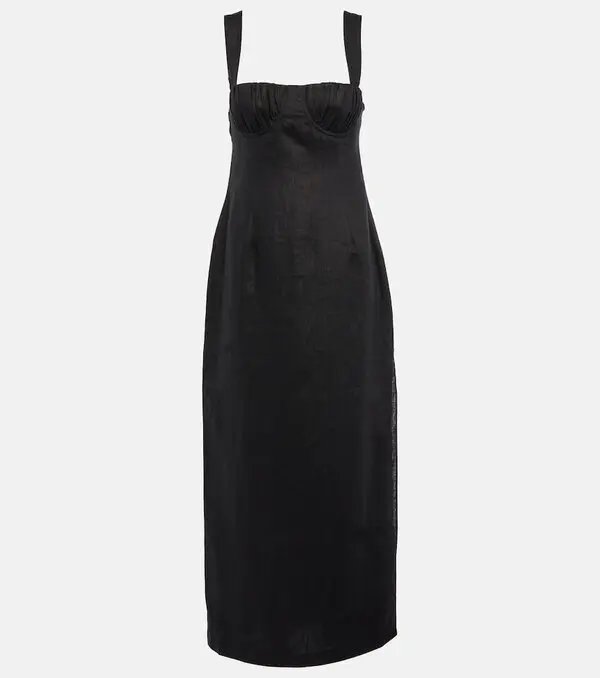 Sir. Bettina Ruched Linen Midi Dress - Black - 20% Off | Editorialist