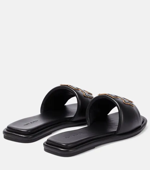 Tory Burch Double T Leather Slides - Black