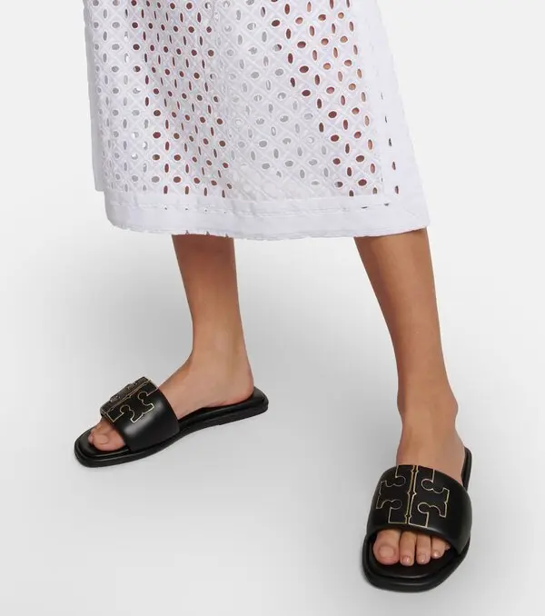 Tory Burch Double T Leather Slides - Black
