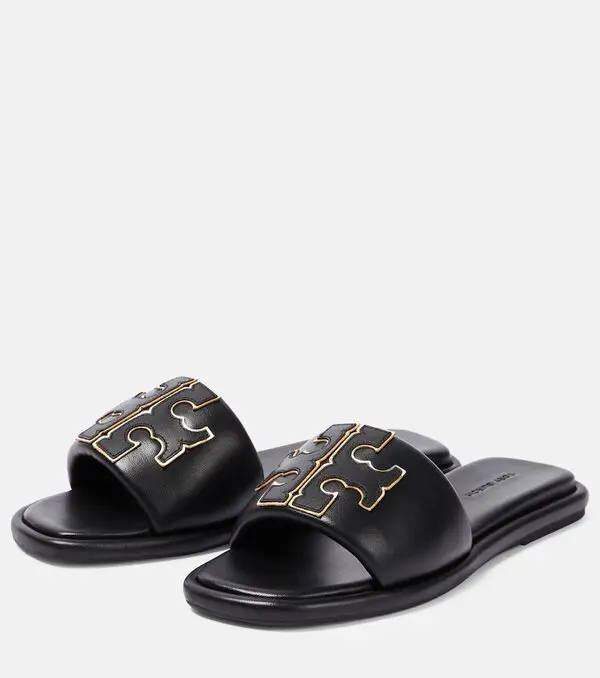 Tory Burch Double T Leather Slides - Black