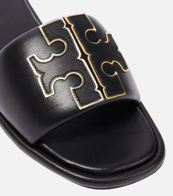 Tory Burch Double T Leather Slides - Black