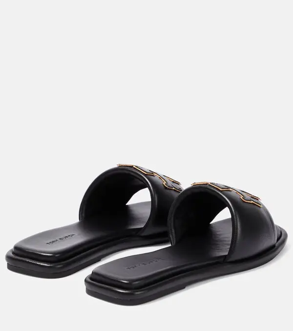 Tory Burch Double T Leather Slides - Black