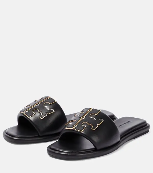 Tory Burch Double T Leather Slides - Black