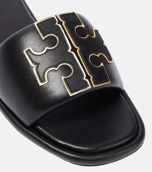 Tory Burch Double T Leather Slides - Black