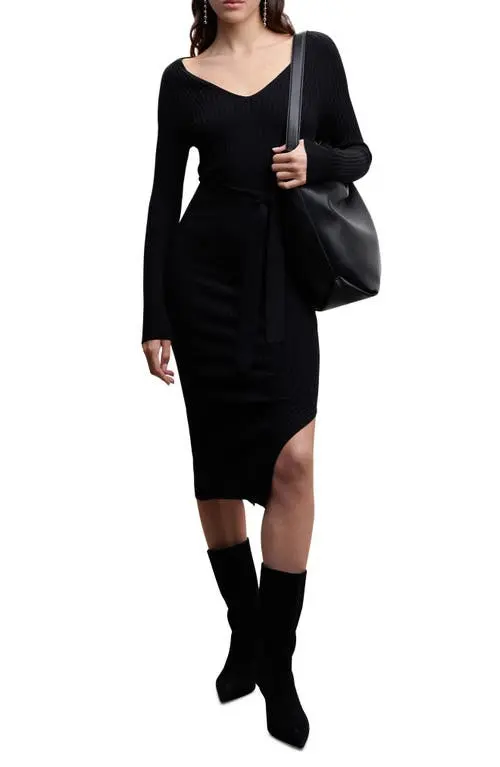 Mango Long Sleeve Knit Dress - Black | Editorialist