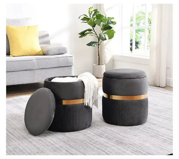 TECHNI MOBILI Dark Gray Velvet Round Ottoman Wi Th Storage