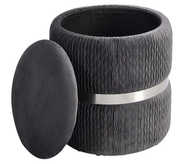 TECHNI MOBILI Gray Velvet Round Ottoman With St Orage