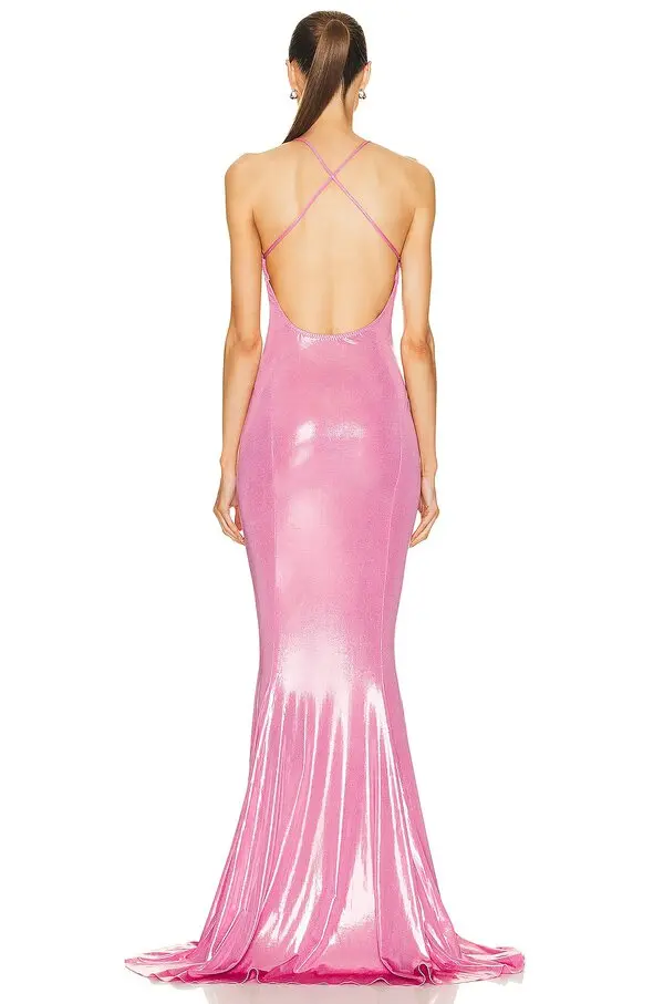 Norma Kamali Low Back Slip Mermaid Fishtail Gown In Pink