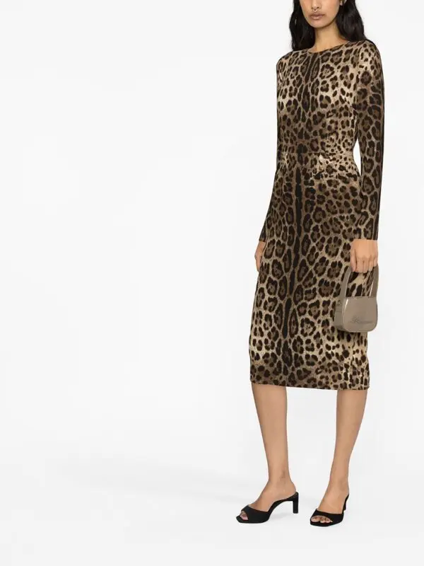 Dolce & Gabbana Leopard-print Long-sleeve Dress - Brown