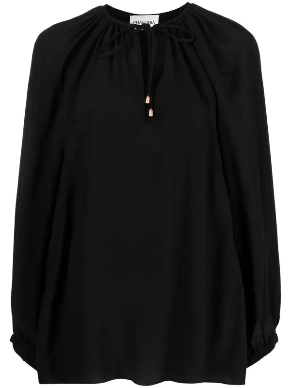 PHAEONIA Self-tie Silk Blouse - Black