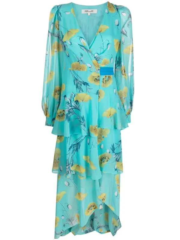 dvf blue floral dress Diane von Furstenberg Queena Belted Tiered Floral-Print Dress in Blue  UFO  No More