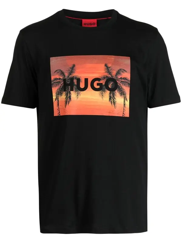Hugo Palm-Tree-Print Cotton T-Shirt In Black 46% Off Editorialist