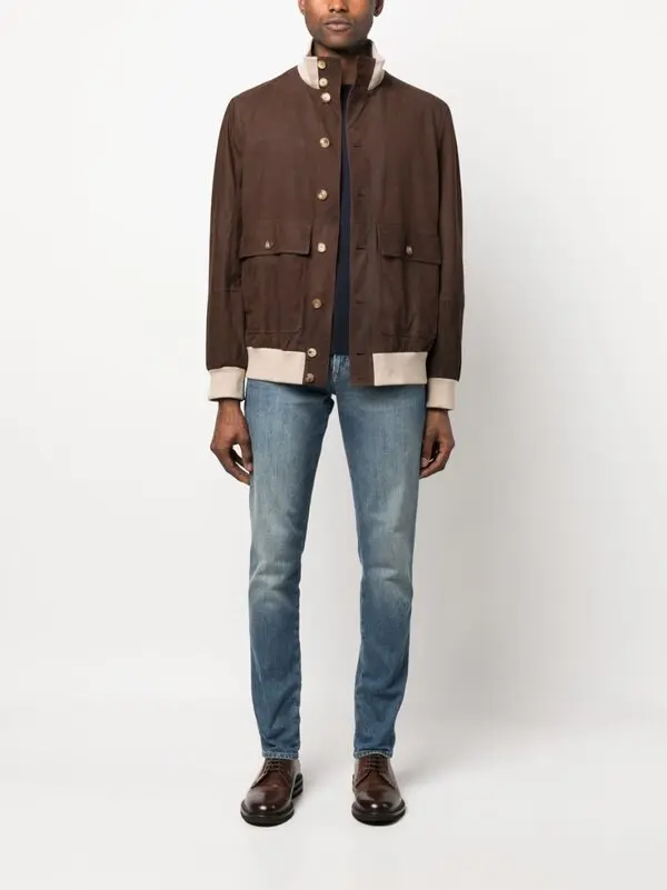 Brunello Cucinelli Contrasting-detail Suede Bomber Jacket - Brown