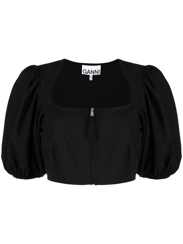 GANNI Cropped Puff-sleeve Blouse - Black
