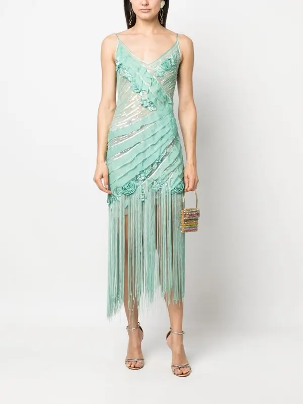Amen Embroidered Fringe Midi Dress - Green | Editorialist
