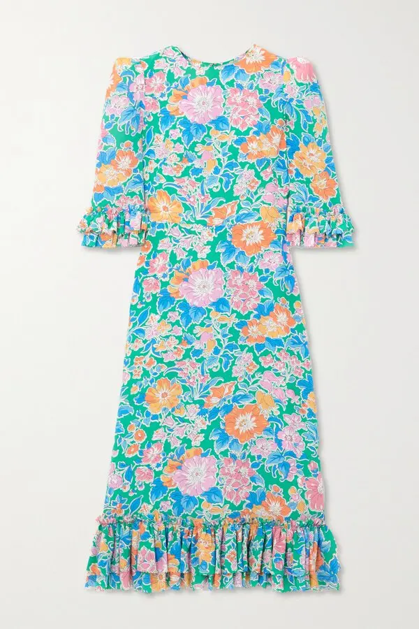 The Vampire'S Wife The Falconetti Ruffled Floral-Print Silk-Crepe Midi Dress  In Green - 30% Off | Editorialist