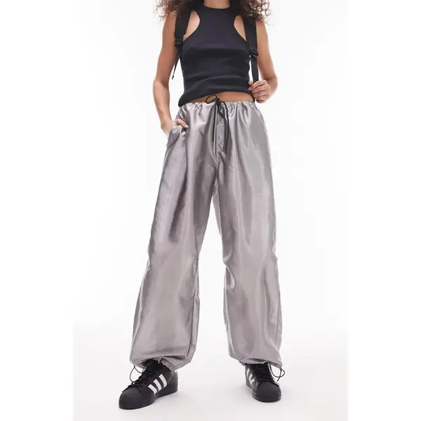 Topshop Oversized Metallic Parachute Trousers - Silver