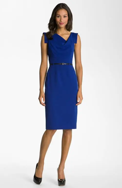 Black Halo Jackie Belted Stretch Gabardine Sheath Dress - Cobalt