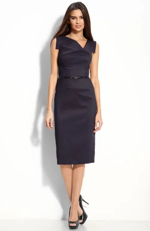 Black Halo Jackie Belted Stretch Gabardine Sheath Dress - Navy