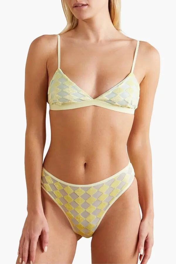 BASERANGE Bell Checked Flocked Modal-blend Tulle Mid-rise Briefs Yellow