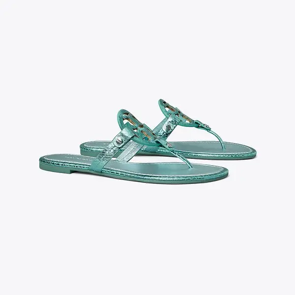 Tory Burch Miller Metallic Snake-Embossed Sandal Laguna Green
