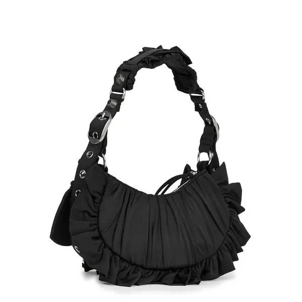 Balenciaga Le Cagole Xs Ruffled Satin Shoulder Bag In Black