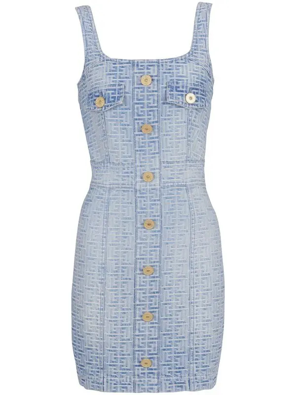 Balmain All-over Monogram Denim Dress - Blue