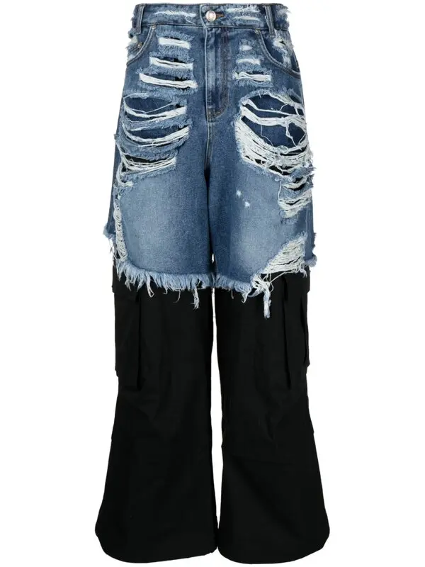 Juun.J Layered Distressed Wide-Leg Trousers In Blue - 51% Off