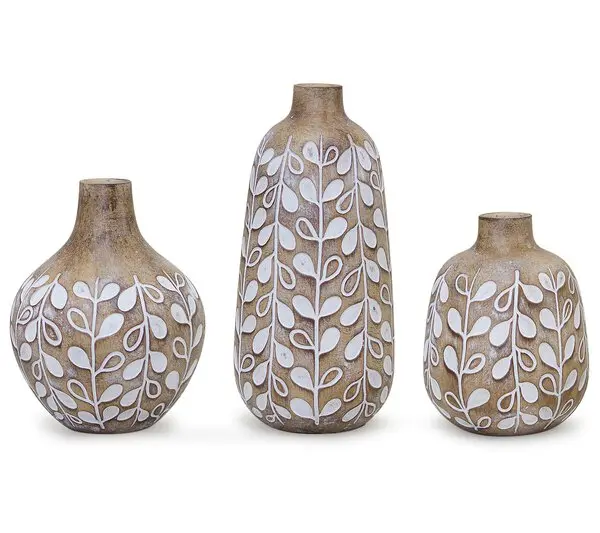 MELROSE Leaf Patterned Vase W/wood Design Set Of 3