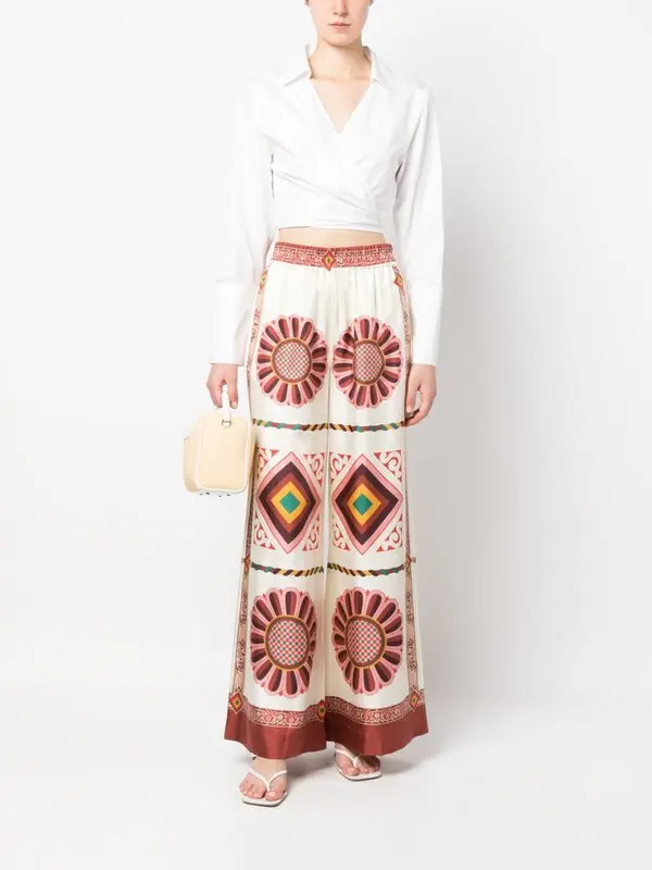 La DoubleJ Tile-print Silk Palazzo Trousers - White